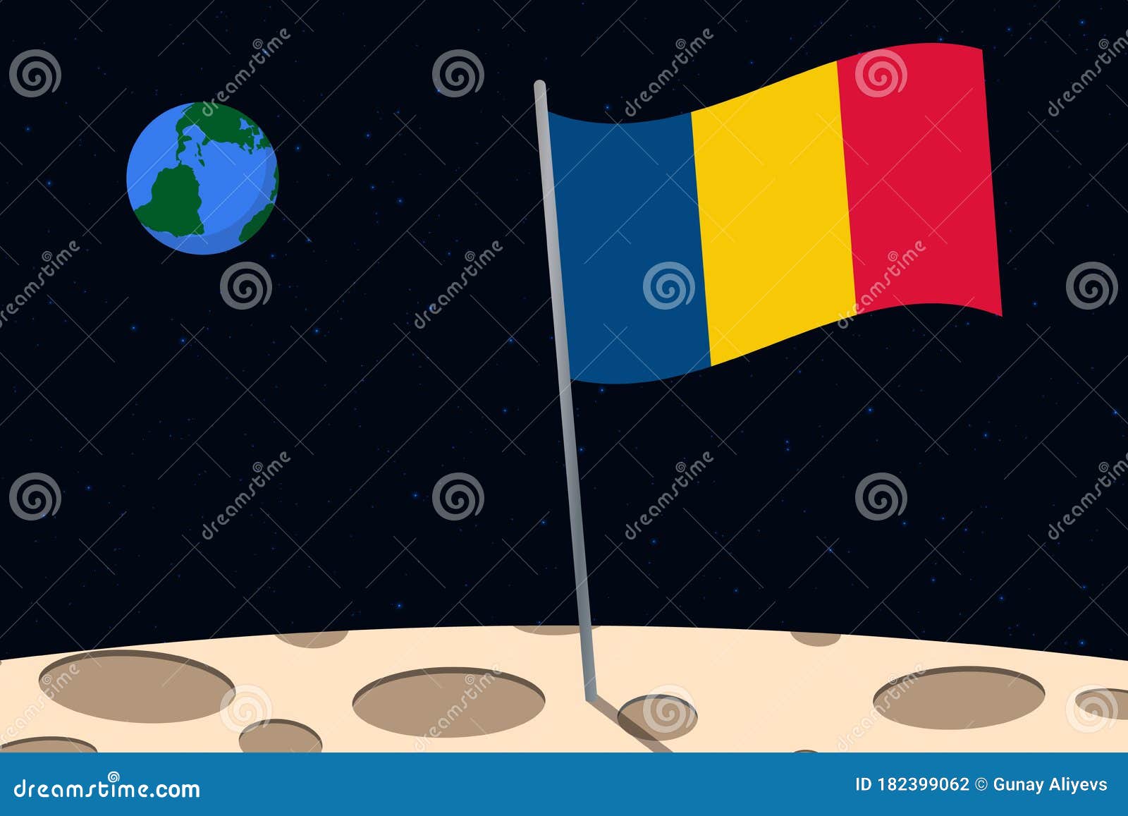 View of Planet Earth from the Surface of the Moon with the Romania Flag ...