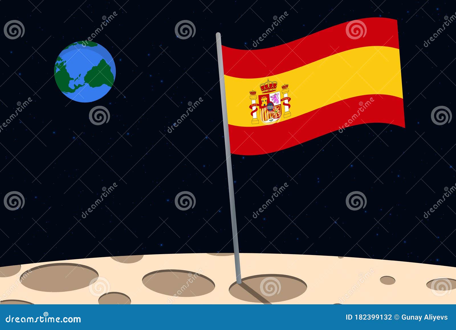 View of Planet Earth from the Surface of the Moon with the Spain Flag ...