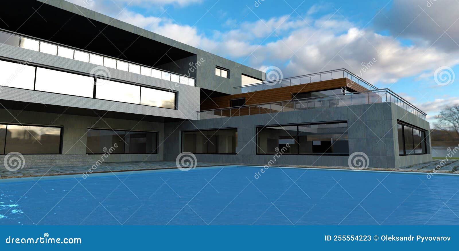 View From The Pool At The Concrete Facade Of A Modern, Recently ...