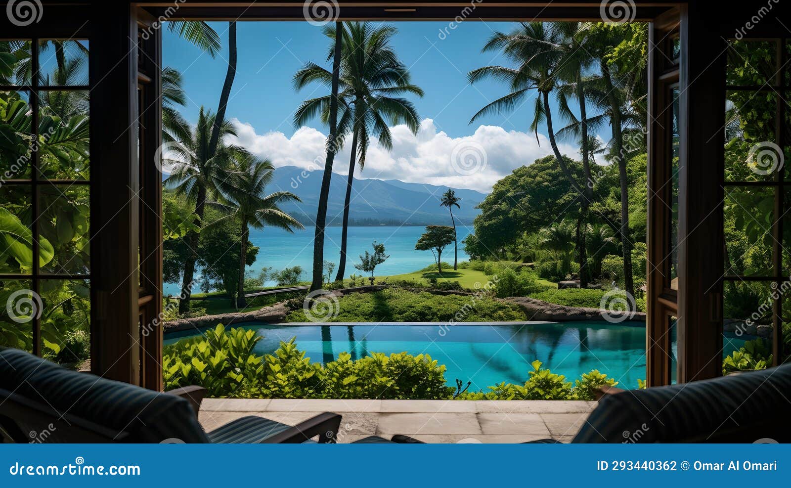 A View of a Pool through a Window.Window View from Villa Window . Stock ...