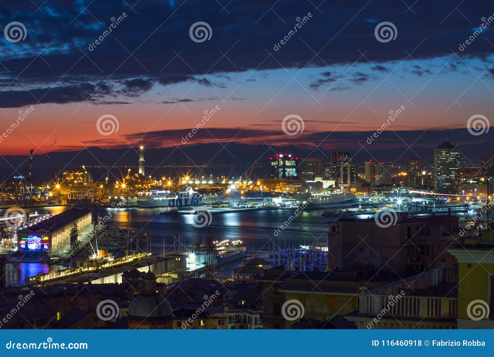 View of the Port at Night of Genoa, Italy. Stock Photo - Image of ...