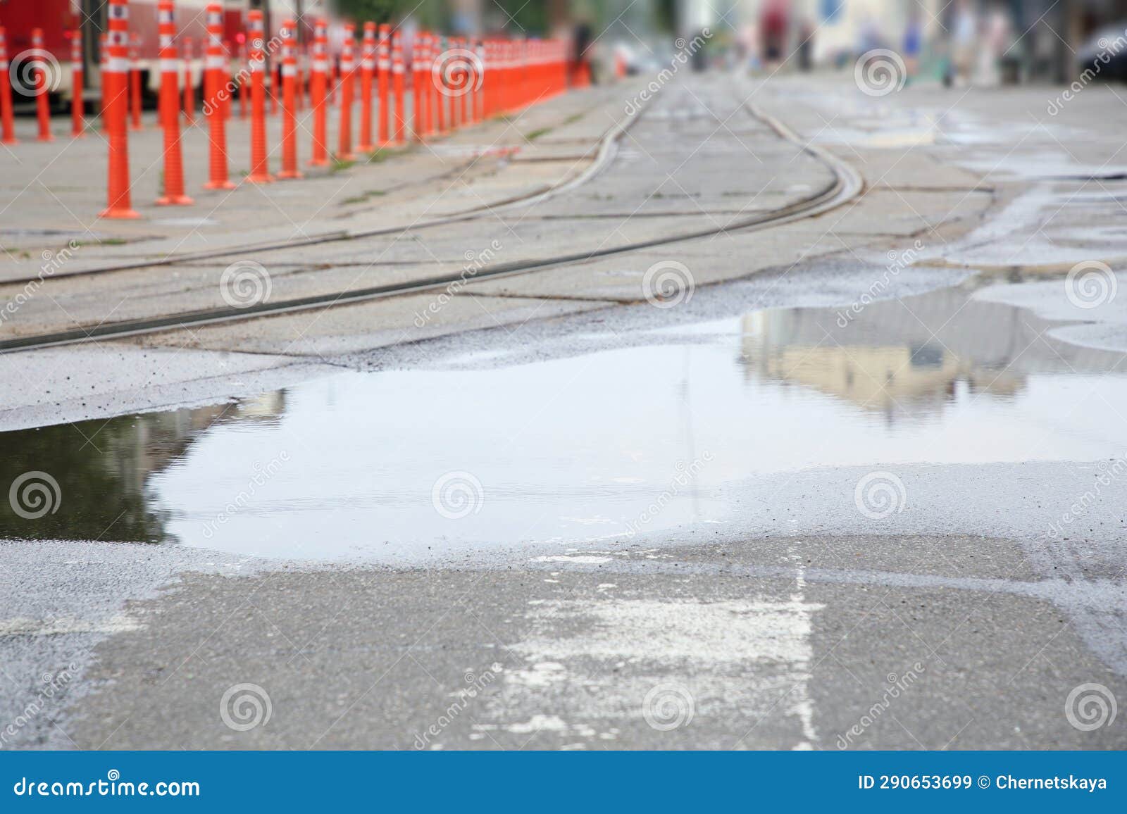 View of Puddle on Road Outdoors. Rainy Day Stock Image - Image of road ...