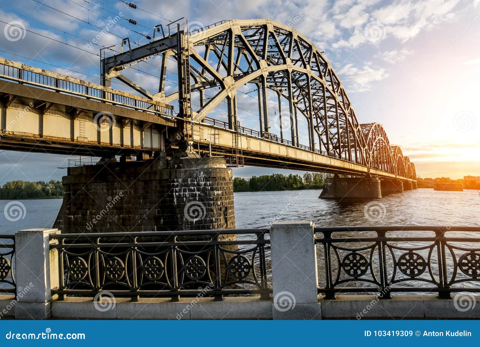 View of the Railway Bridge of Riga at Sunset. Editorial Stock Image ...