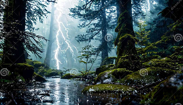 View rain forest lightning stock illustration. Illustration of jungle ...