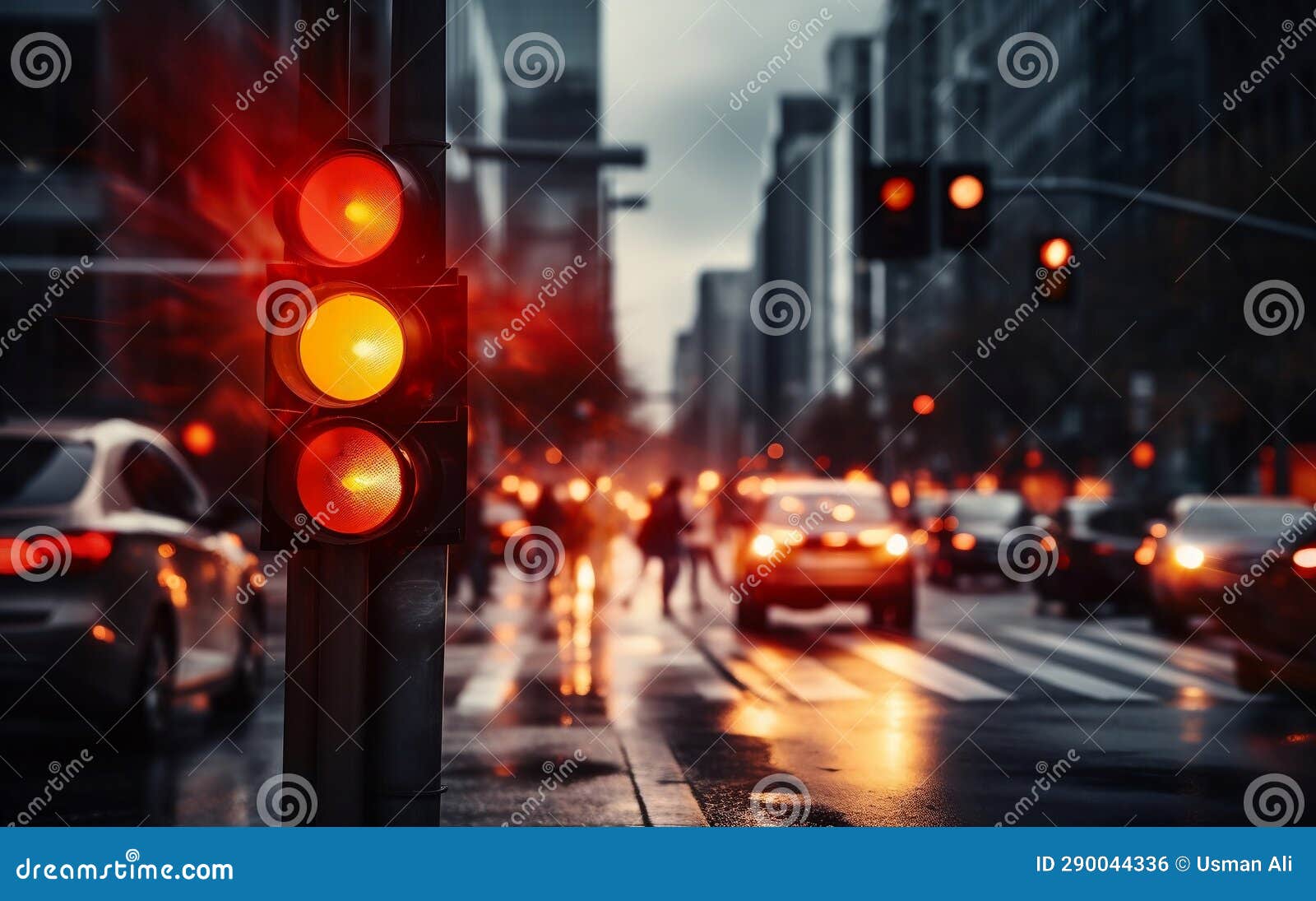 View of a Red Traffic Light at a Busy Intersection. AI Stock Photo ...