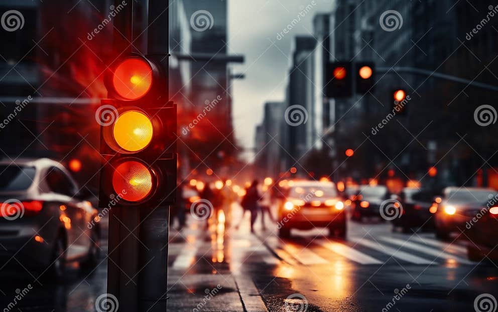 View of a Red Traffic Light at a Busy Intersection. AI Stock Photo ...