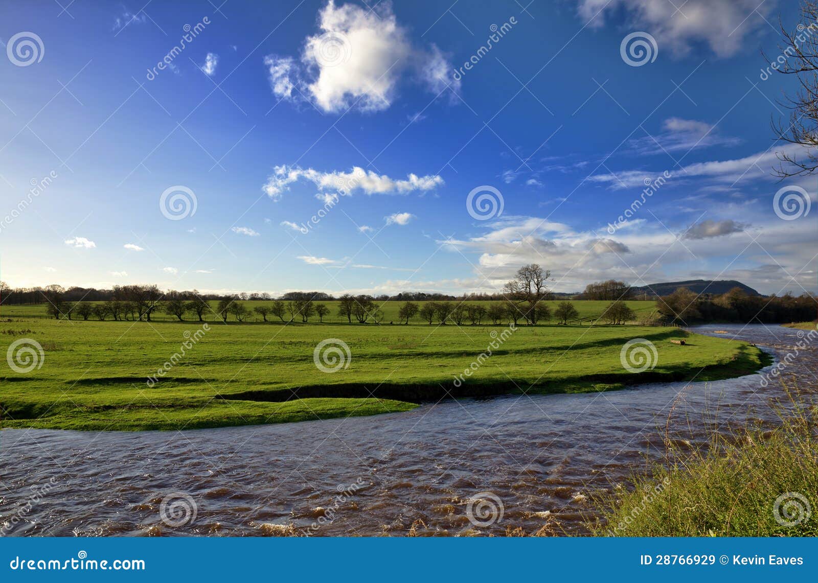 View of the River Ribble and Fields, Clitheroe. Stock Image - Image of ...