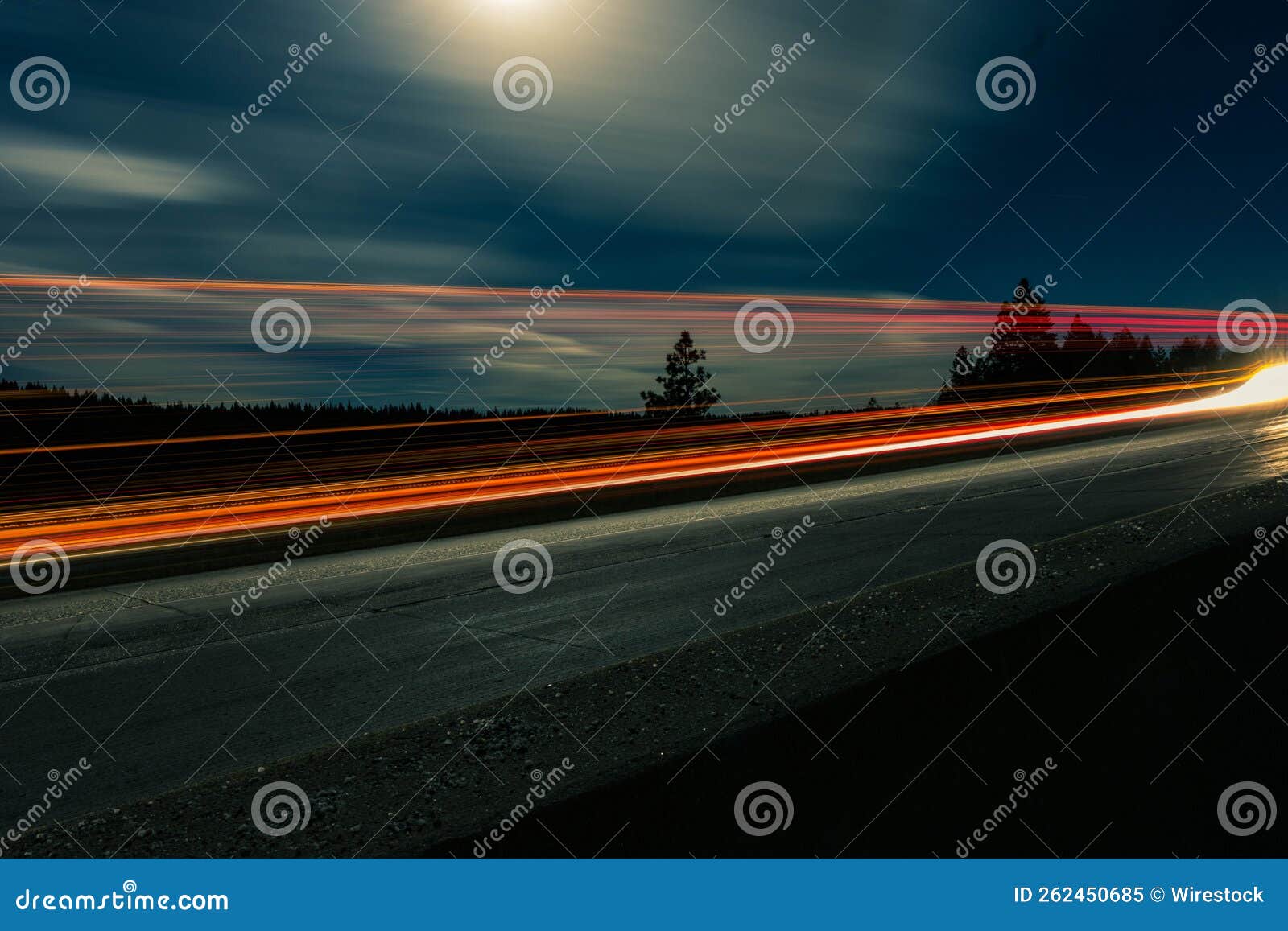 View of Road with Light Trails in Night Stock Image - Image of motion ...