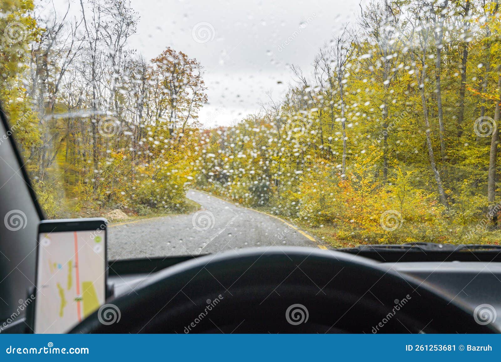 View of the Road through the Windshield in Rainy Autumn Season Stock ...
