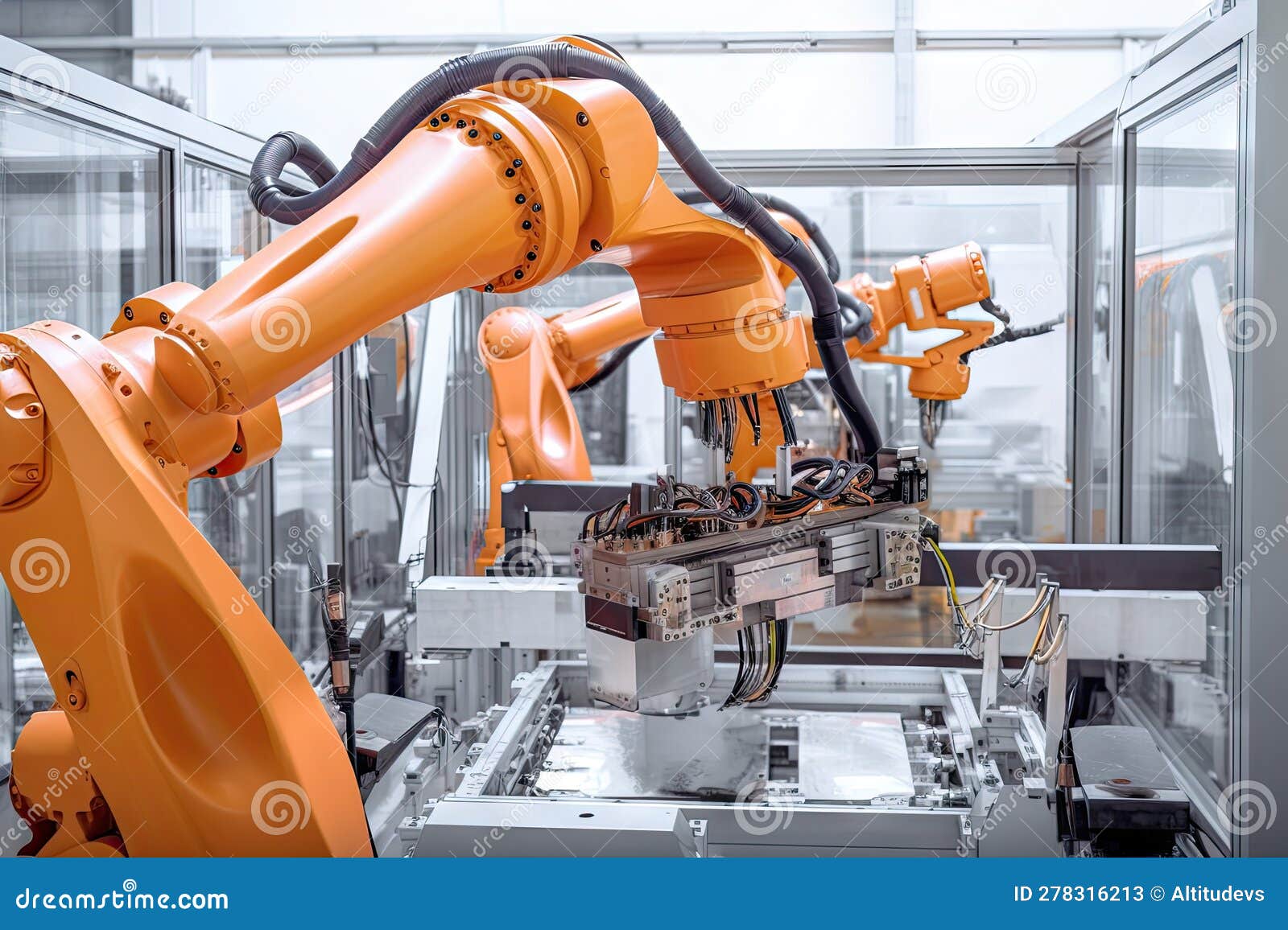 View of Robotic Arms and Mechanical Hands Assembling Complex Machines ...