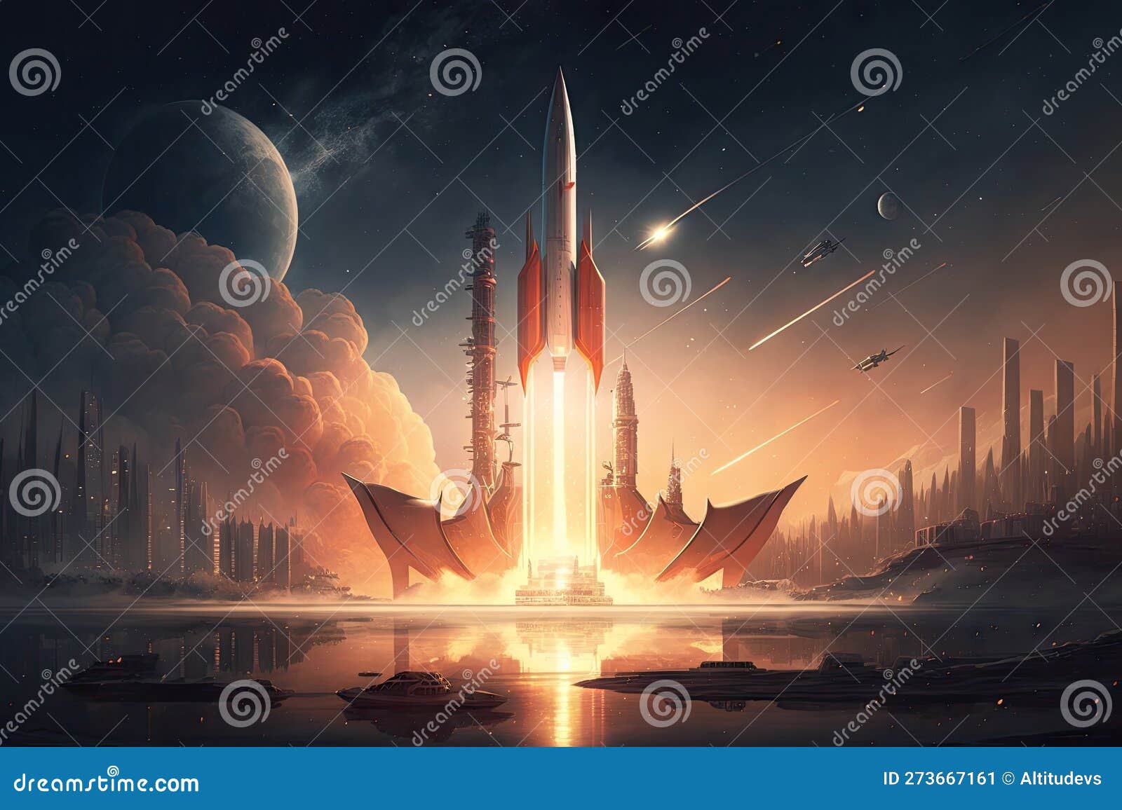 View of Rocket Launch, with Cityscape and Sleek High-tech Buildings in ...