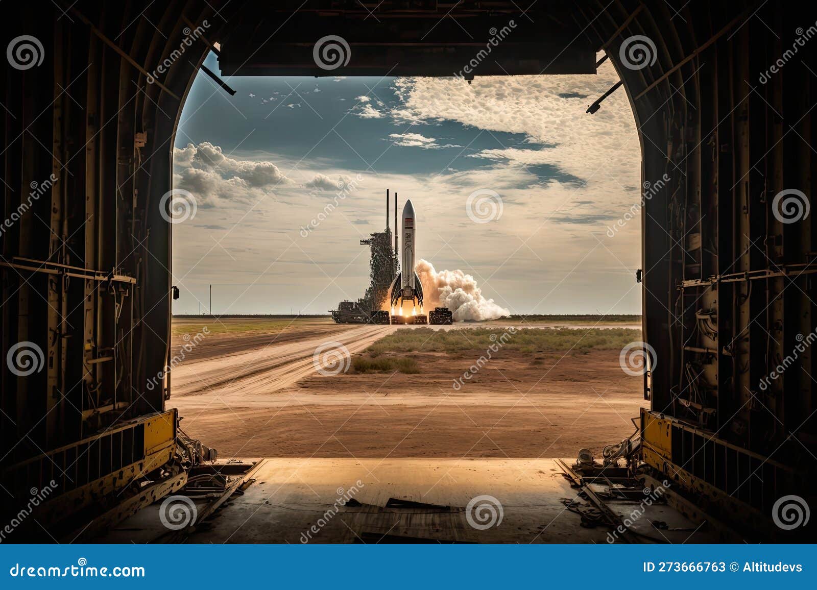 View of Rocket Launch from Inside Hangar, with Equipment and Vehicles ...