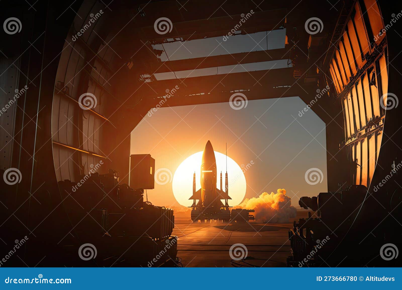 View of Rocket Launch from Inside Hangar, with Equipment and Vehicles ...