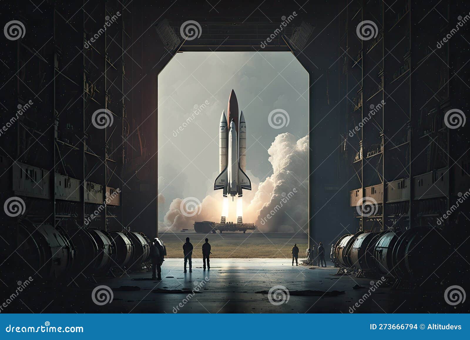 View of Rocket Launch from Inside Hangar, with Equipment and Vehicles ...