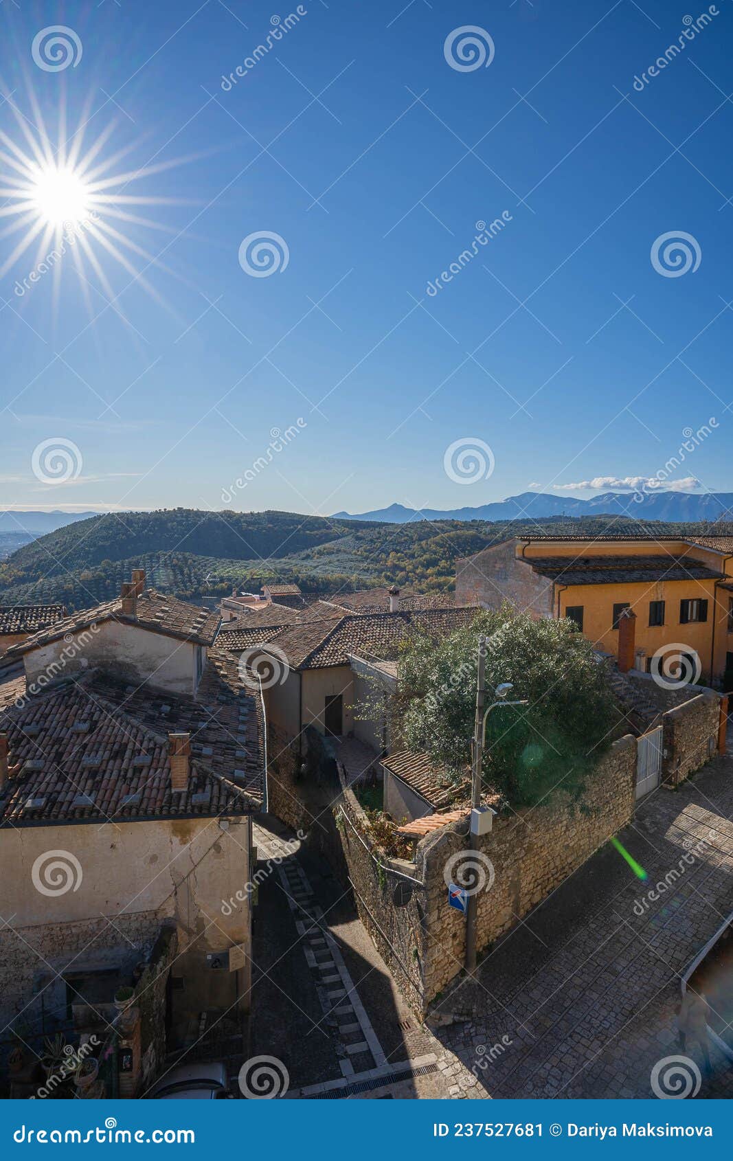 View of Rooftops of Alatri from Acropolis and Rays of Sun, Fronzinone ...