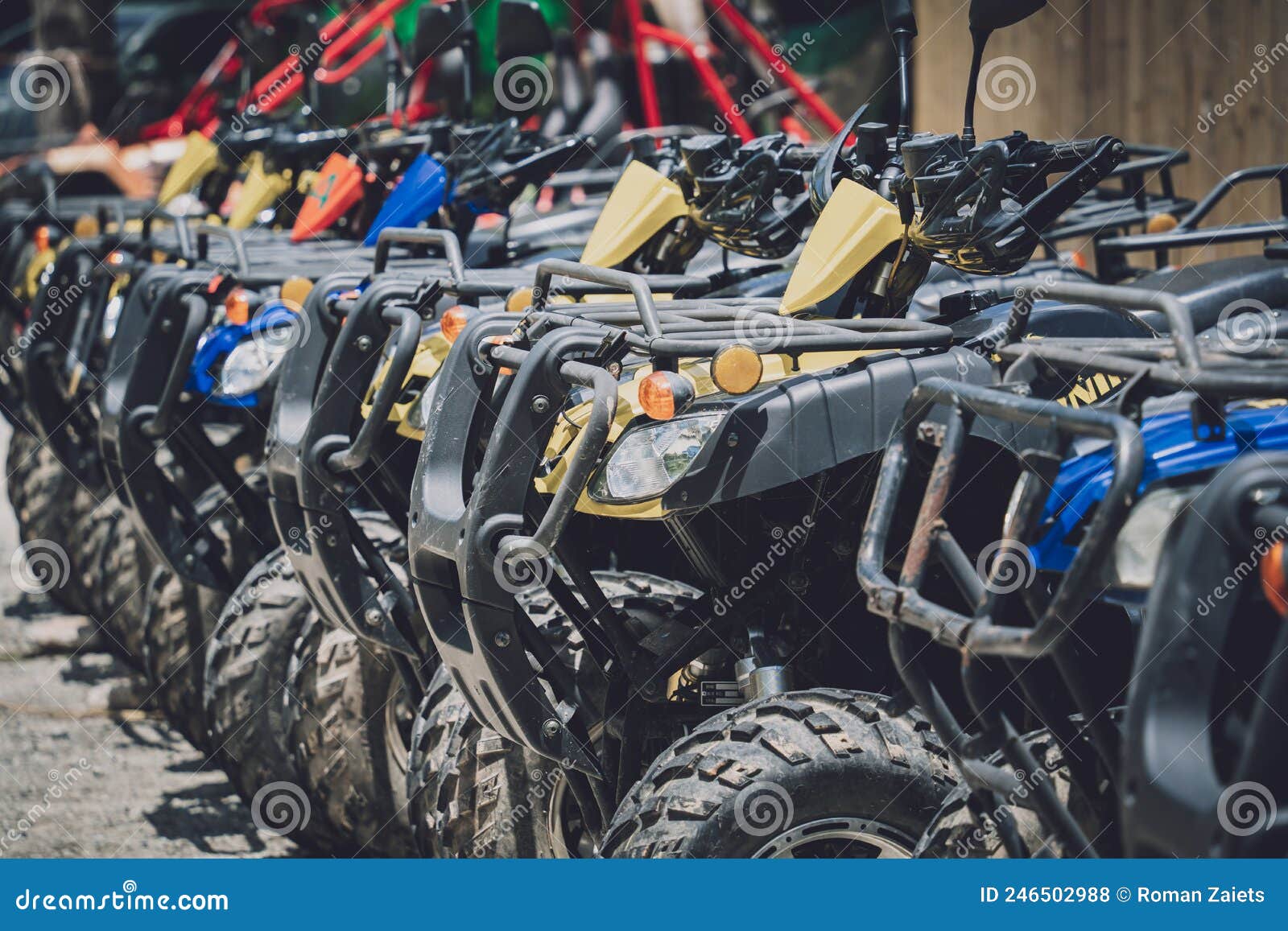 View of Row Dirty ATVs Quad Bike Stock Photo - Image of rider, nature ...