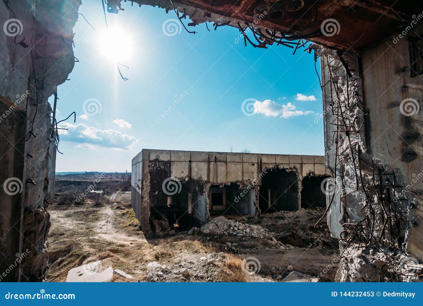 View at Ruined Building after War through Broken Wall of Another House ...