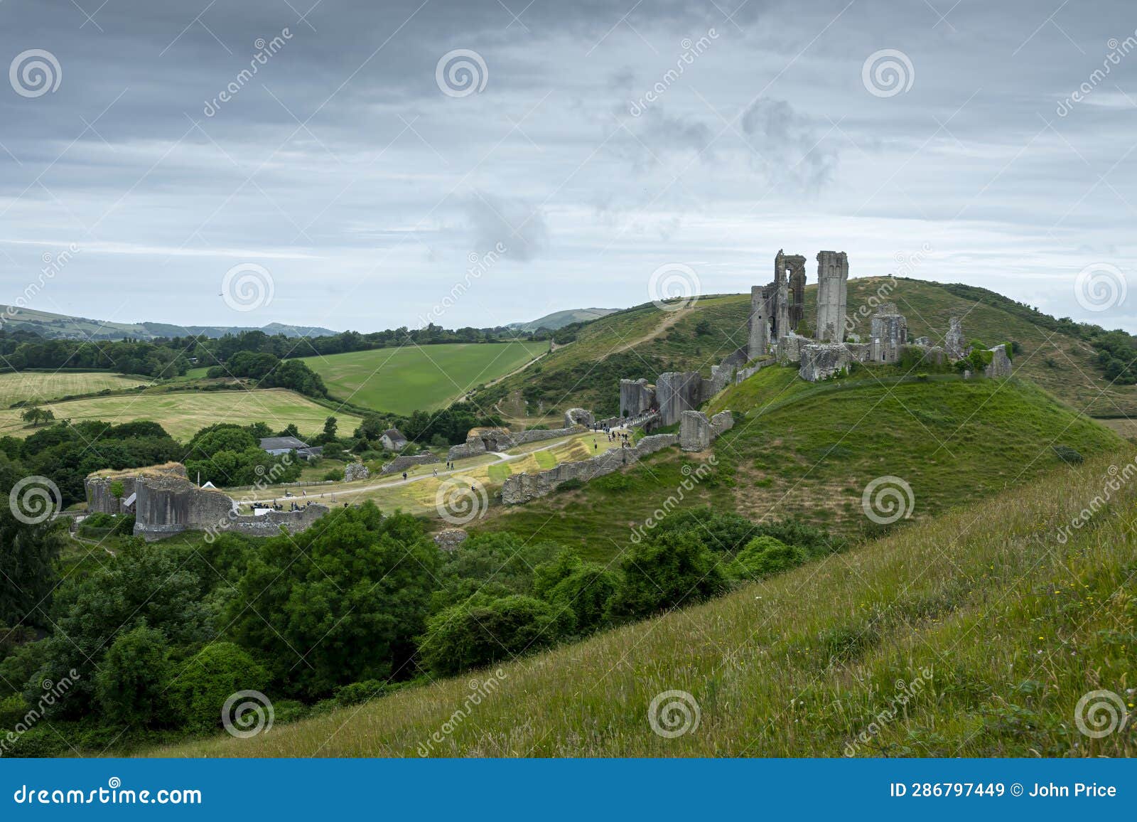 View of the Ruins of Corfe Castle Stock Image - Image of hills ...