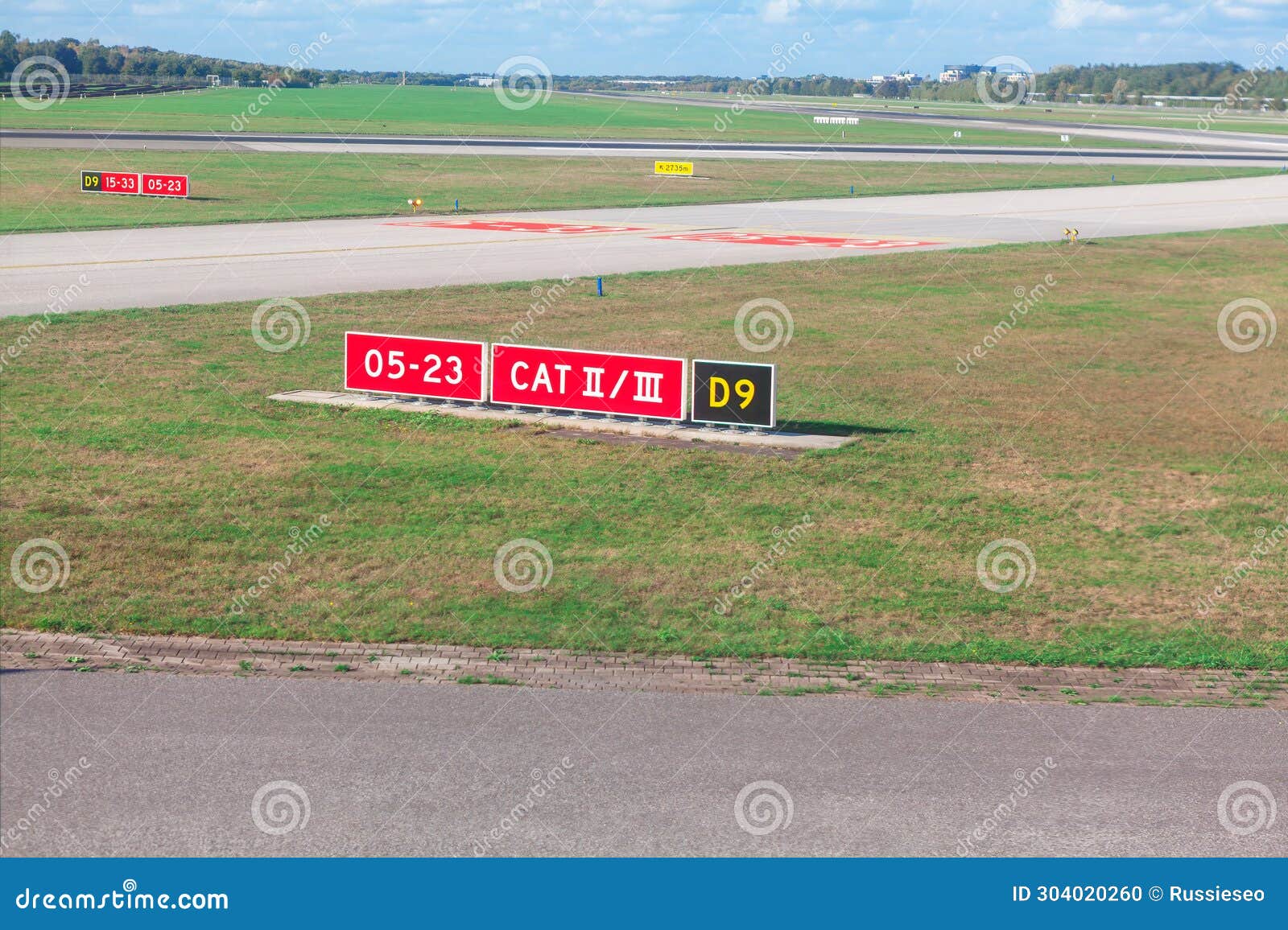 View of the Runway with Road Signs Stock Photo - Image of traffic ...