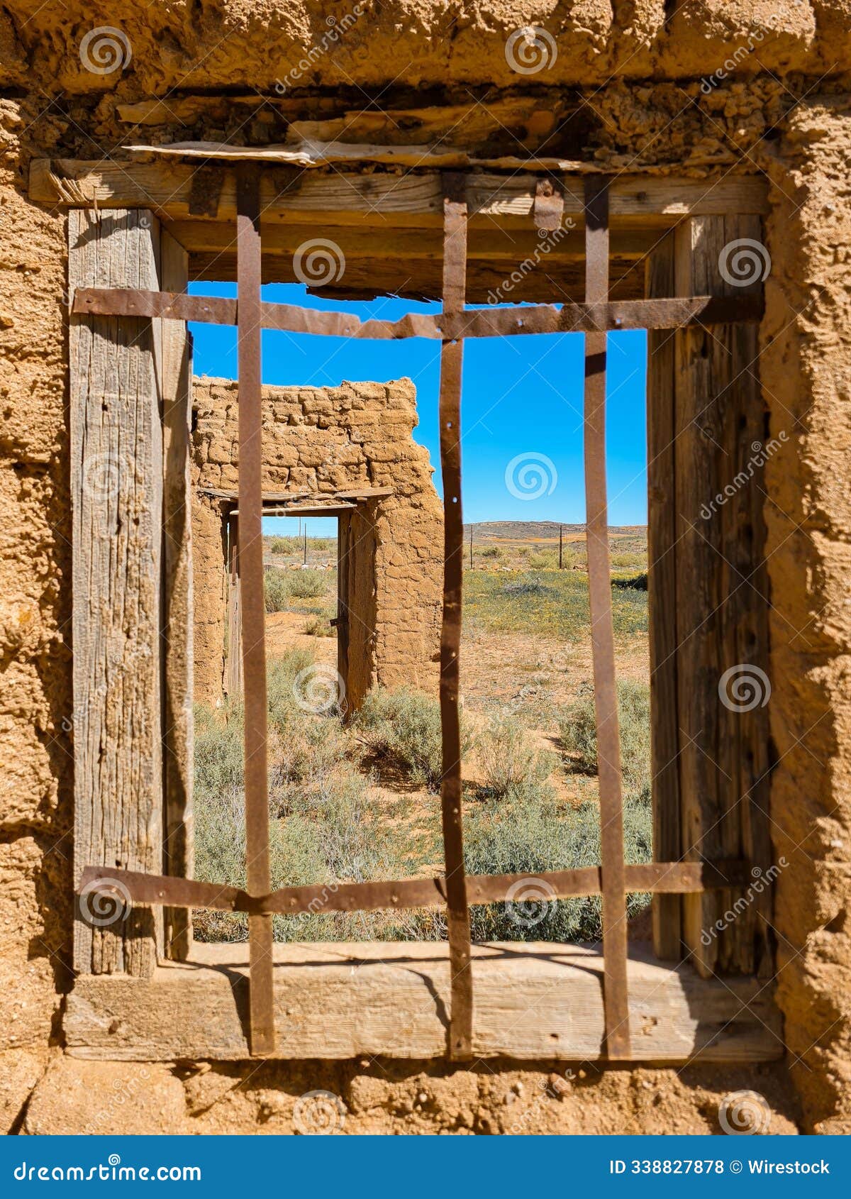 View through a Rustic Barred Window in a Ruined Stone Building Stock ...