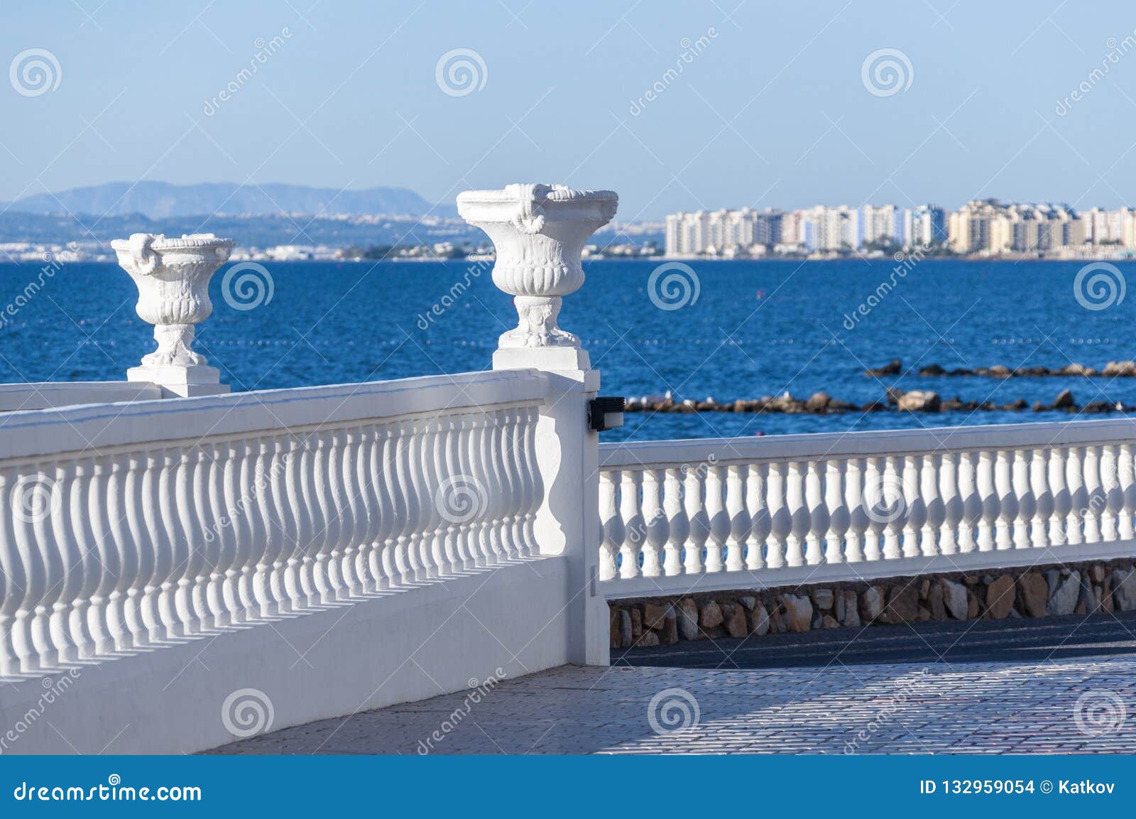 View at Sea and Mountain with Balustrade Stock Photo - Image of hotel ...