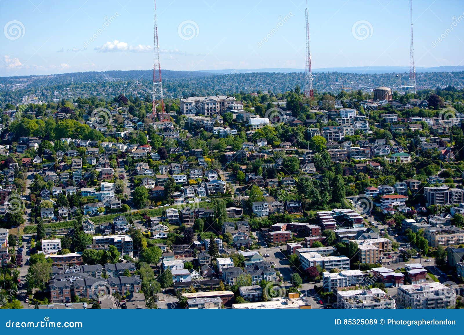 View of Seattle and Radio Towers from Space Needle Stock Image - Image ...