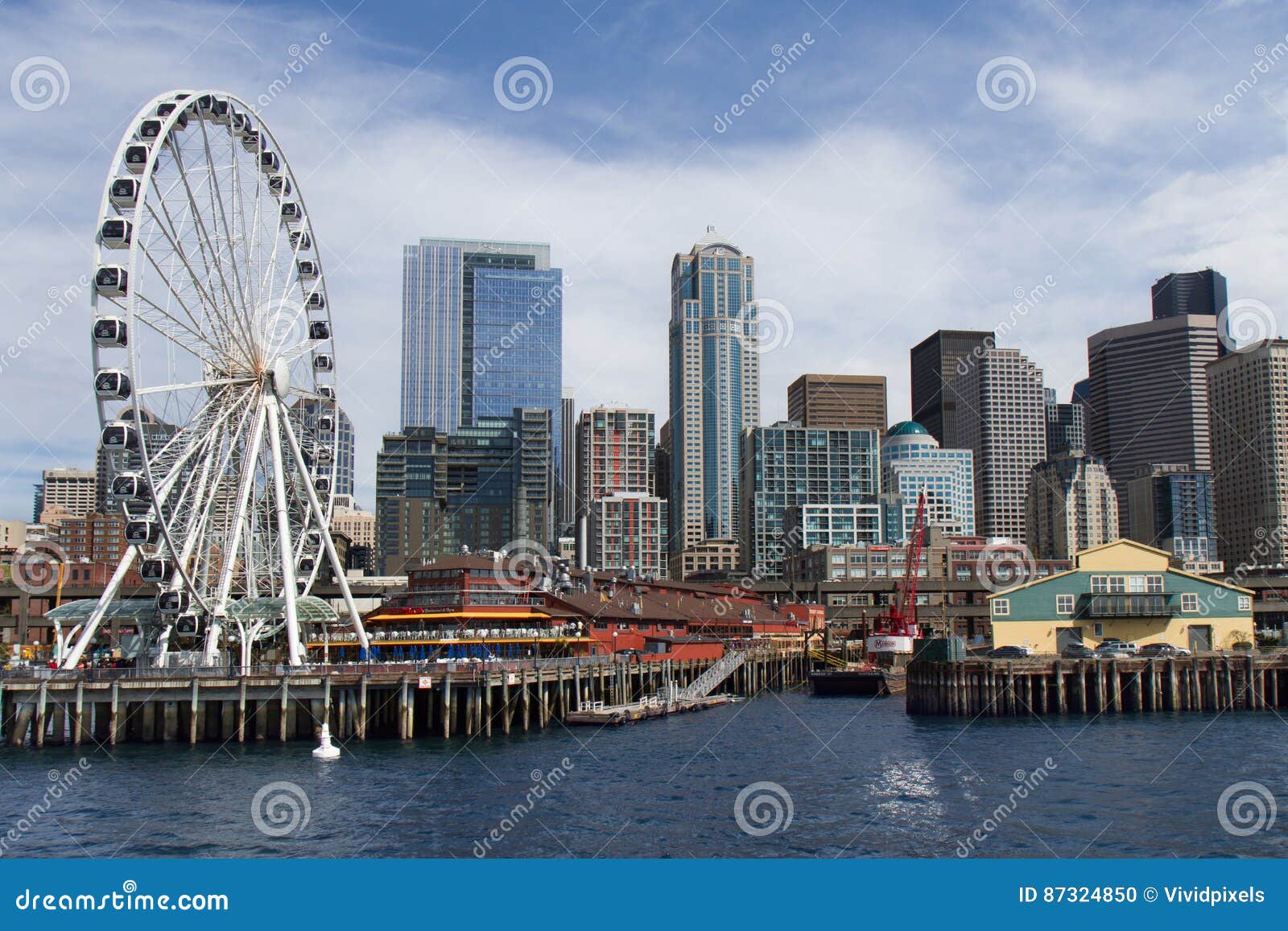 View of Seattle from the Sea with Ferris Wheel Stock Photo - Image of ...