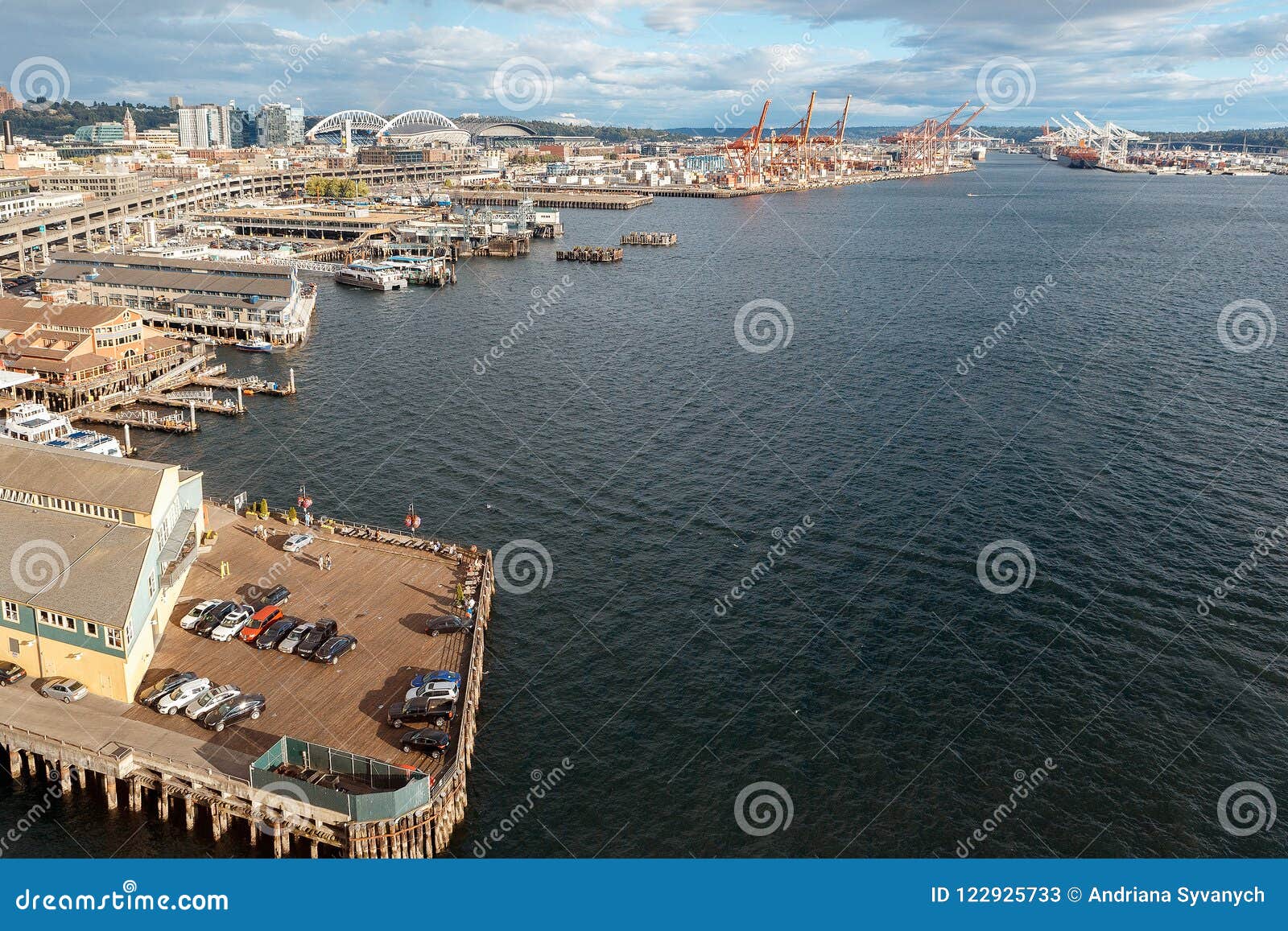 View on Seattle Waterfront from Great Ferris Wheel Stock Image - Image ...