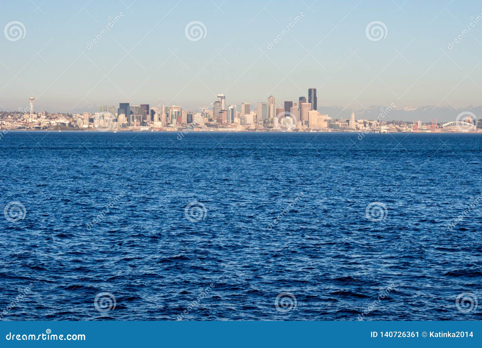 View of Seattle Waterfront from the Sea at Sunset Stock Image - Image ...