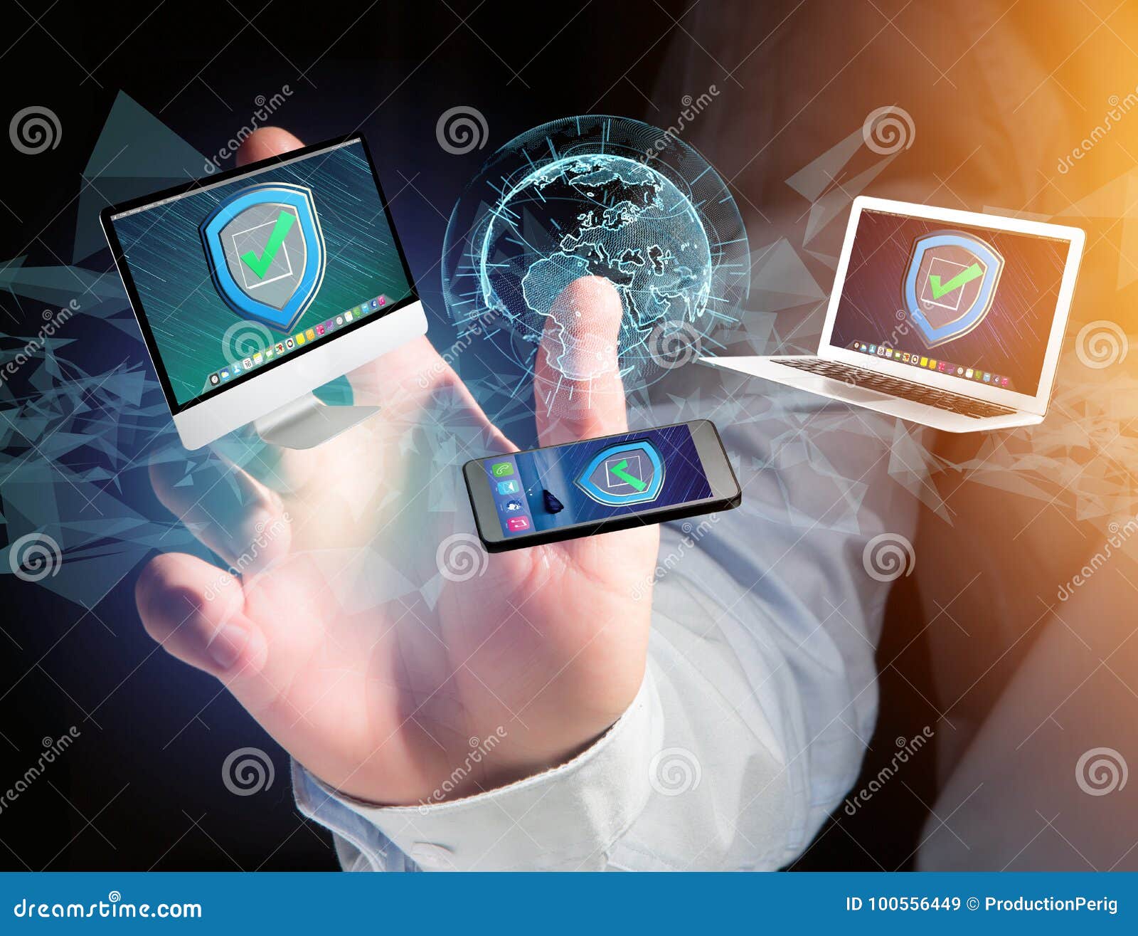 Security Shield Symbol Over a Network Connection of Different De Stock ...