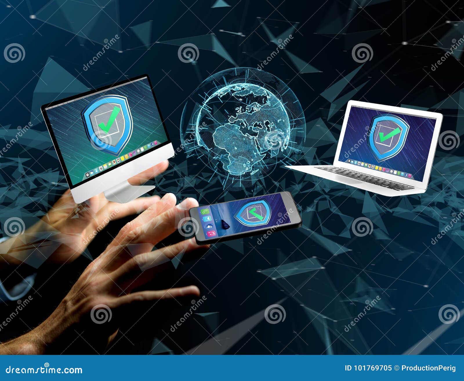 Security Shield Symbol Over a Network Connection of Different De Stock ...