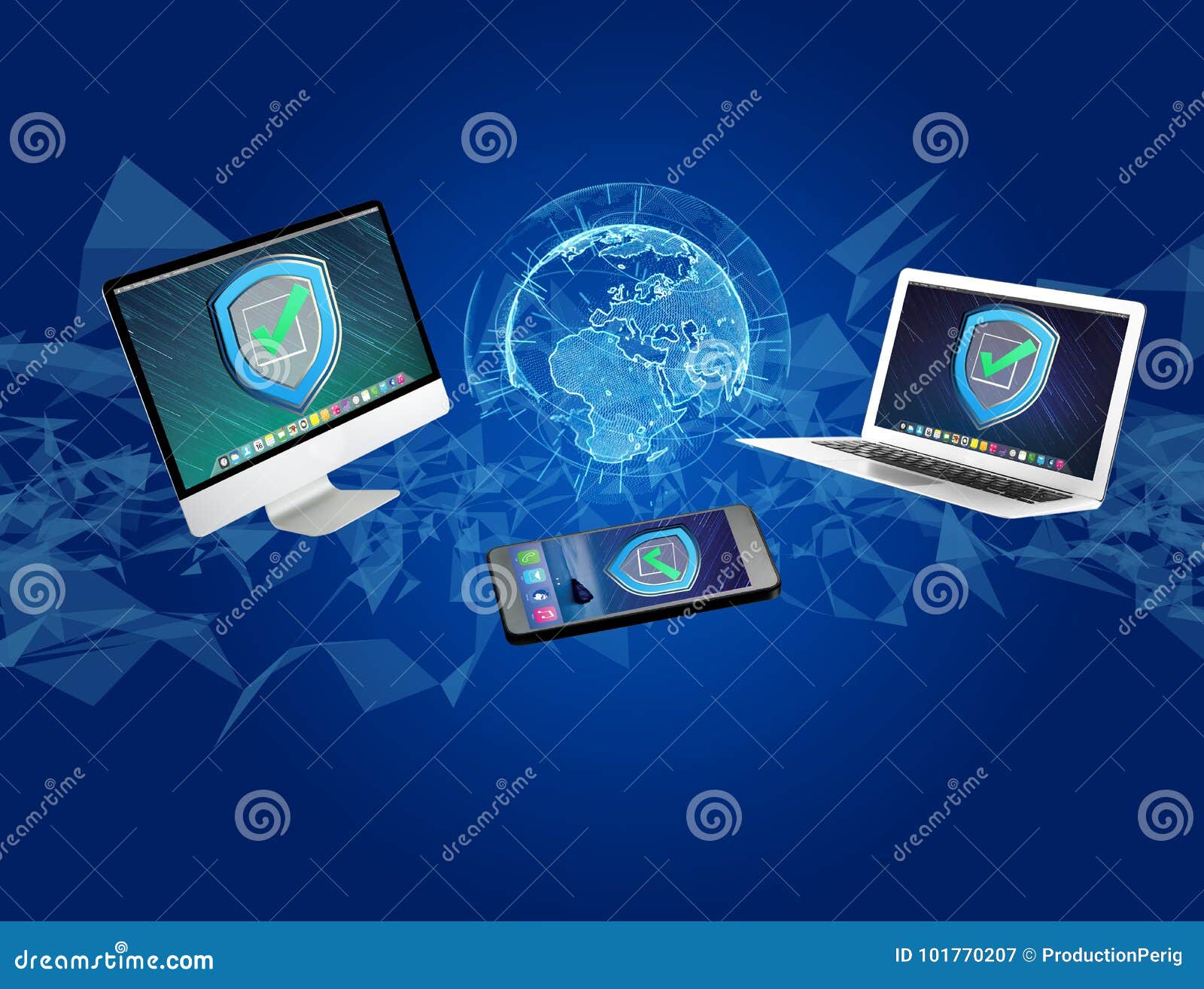 Security Shield Symbol Over a Network Connection of Different De Stock ...