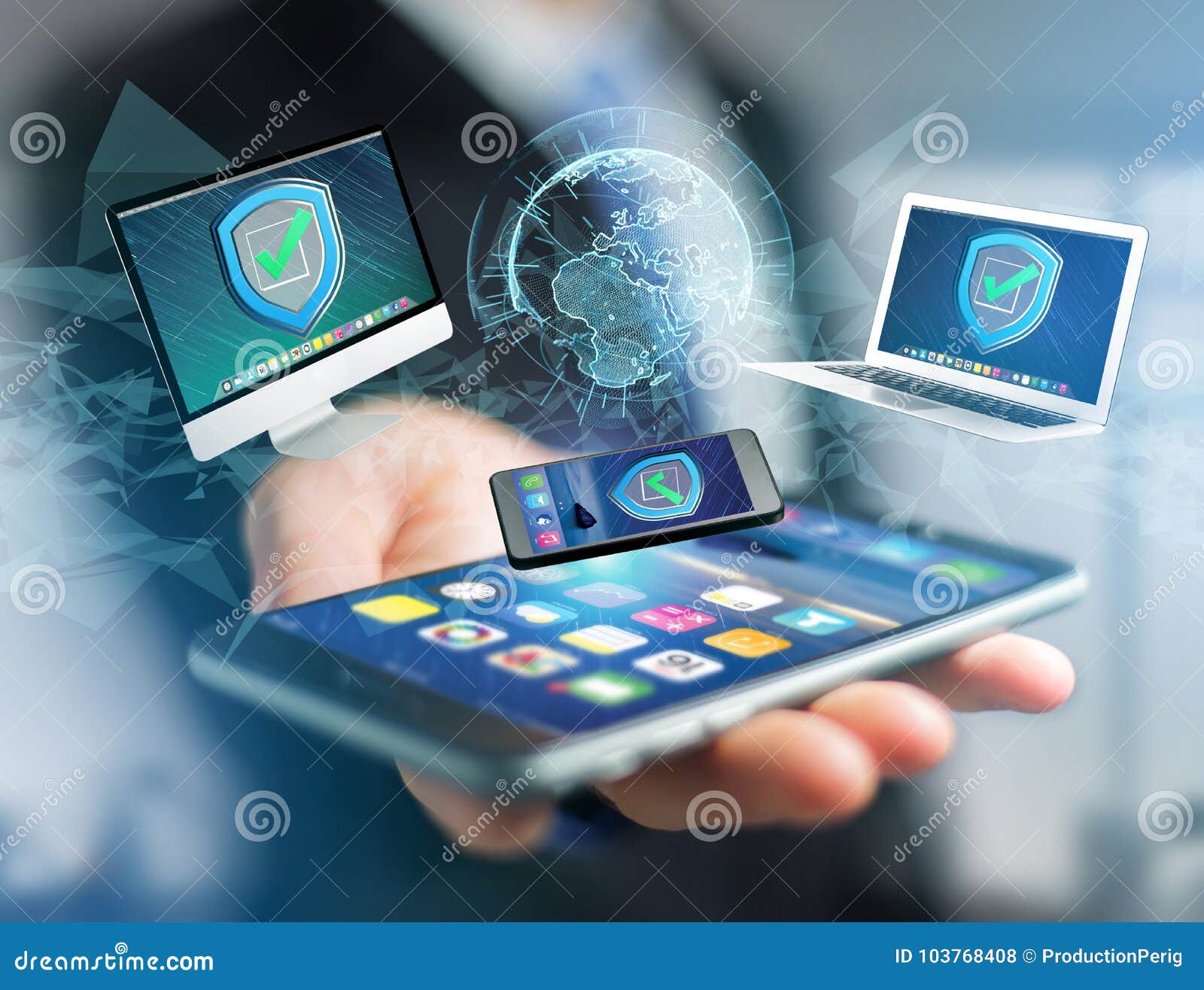 Security Shield Symbol Over a Network Connection of Different De Stock ...