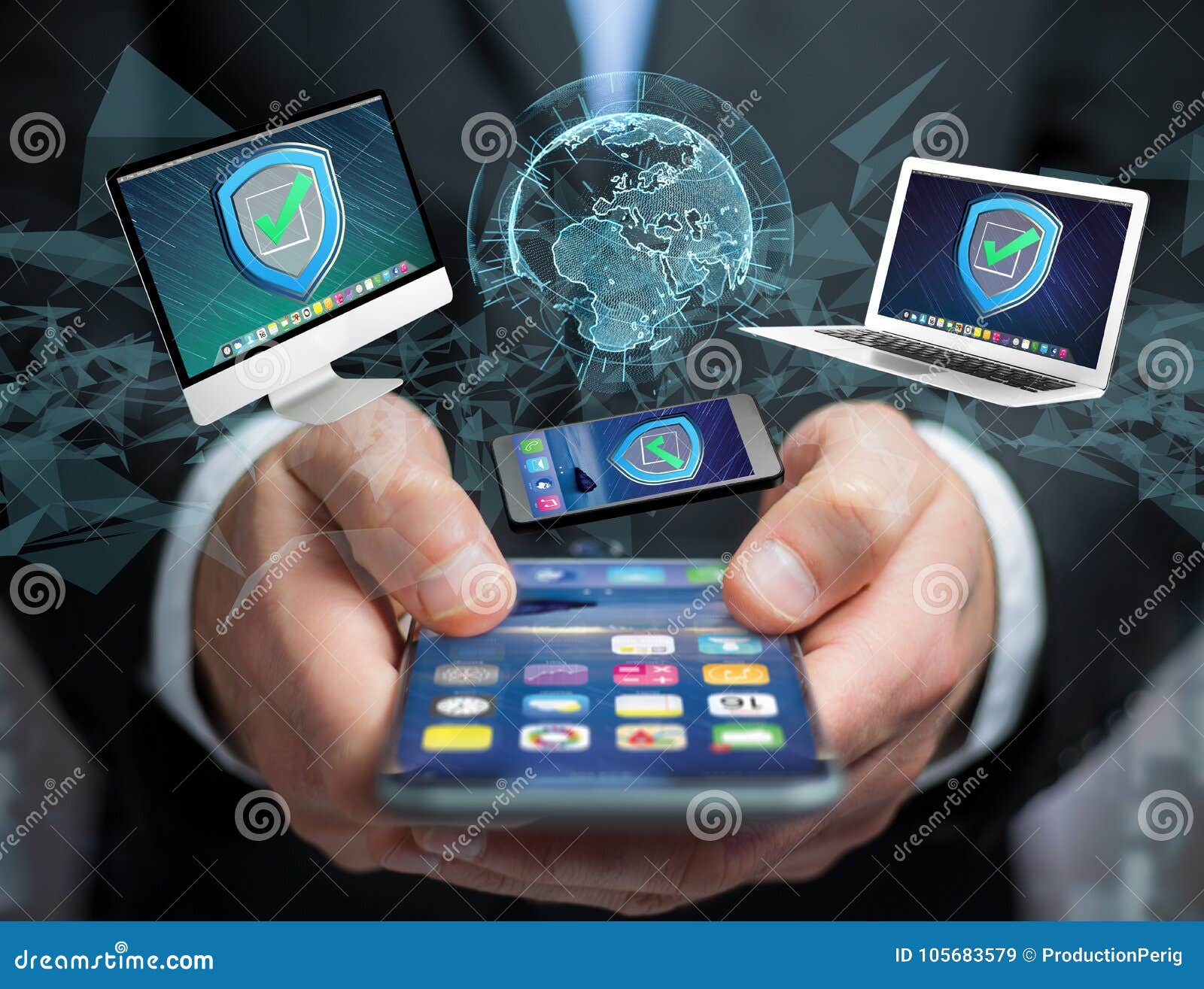 Security Shield Symbol Over a Network Connection of Different De Stock ...