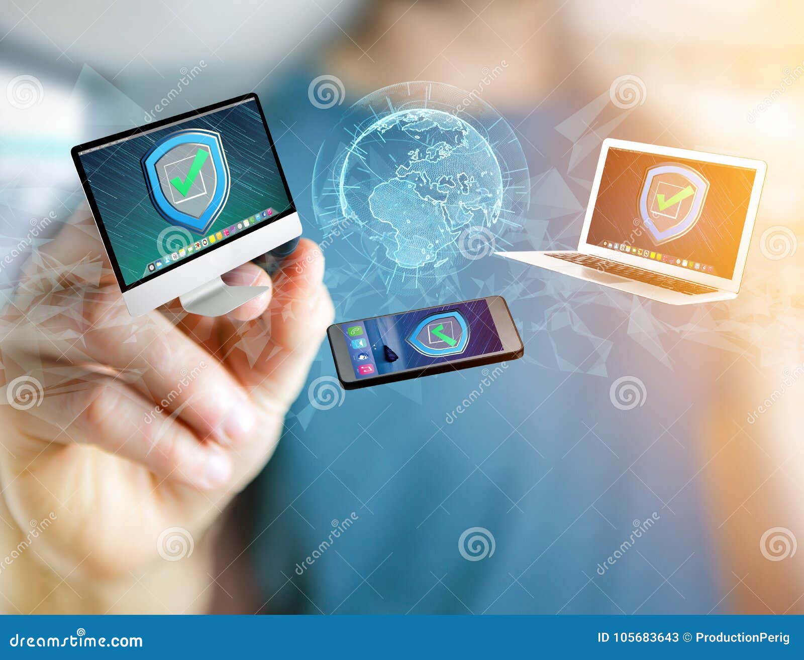 Security Shield Symbol Over a Network Connection of Different De Stock ...