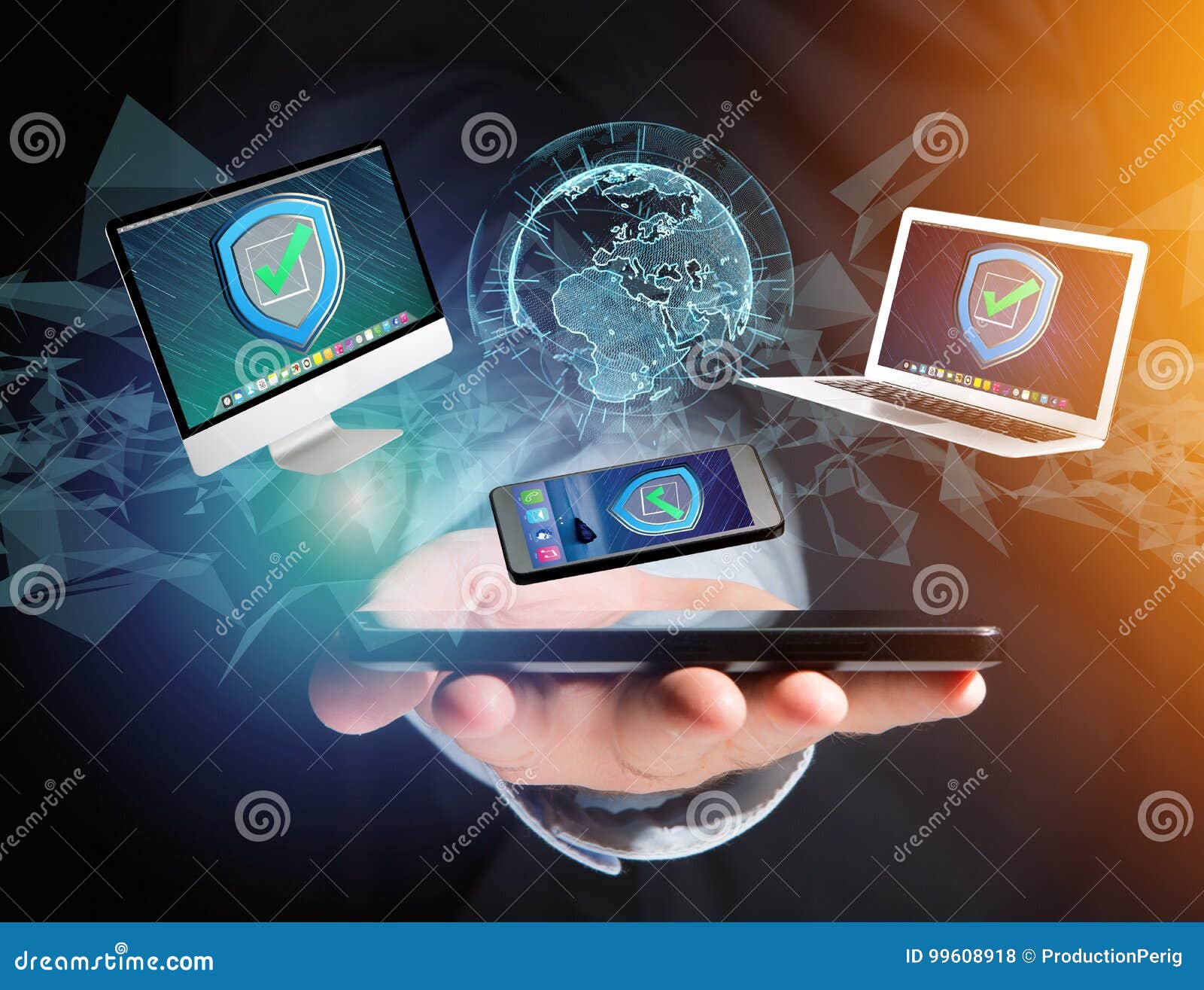 Security Shield Symbol Over a Network Connection of Different De Stock ...