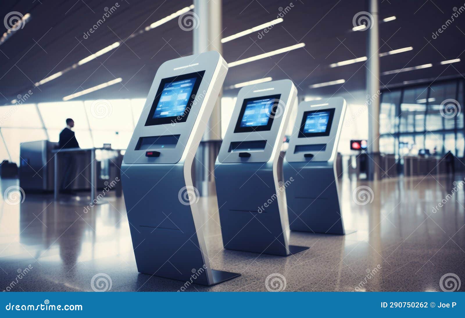 View of Several Self Check-in Kiosks in Line Inside an Empty Airport ...
