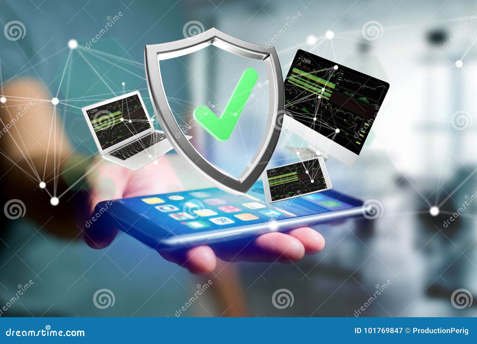 Shield Symbol Surrounded by Devices and Network Displayed on a F Stock ...