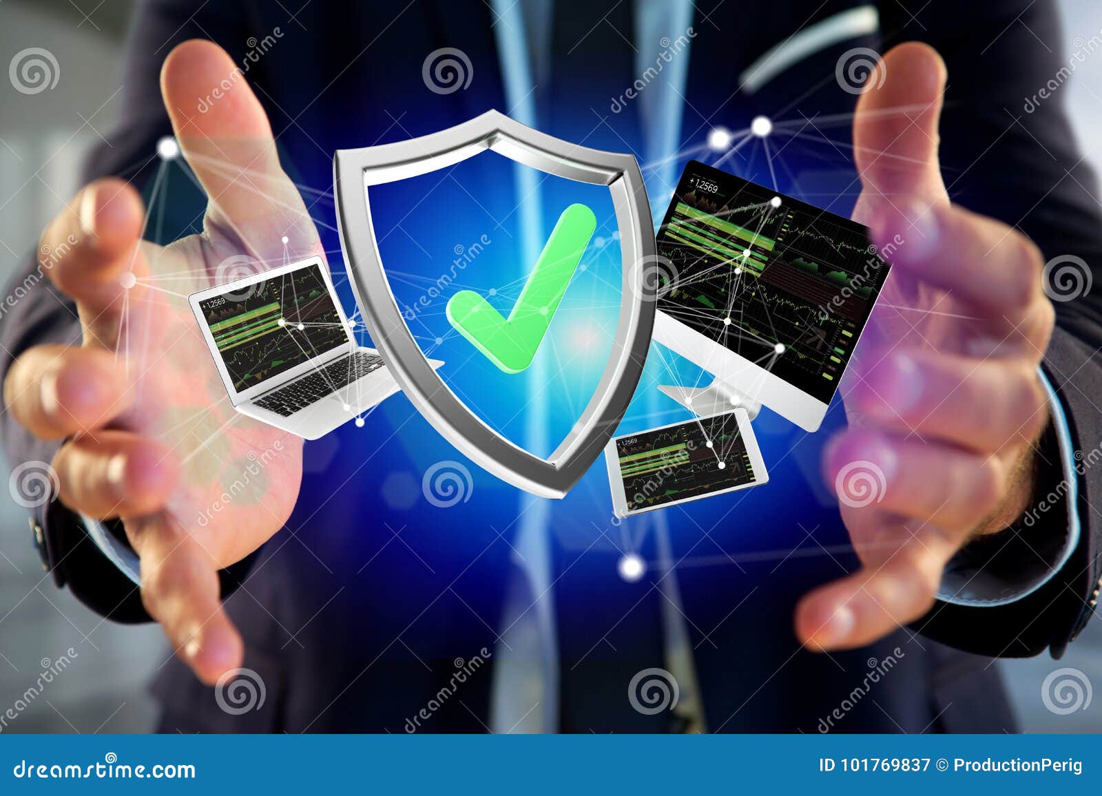 Shield Symbol Surrounded by Devices and Network Displayed on a F Stock ...