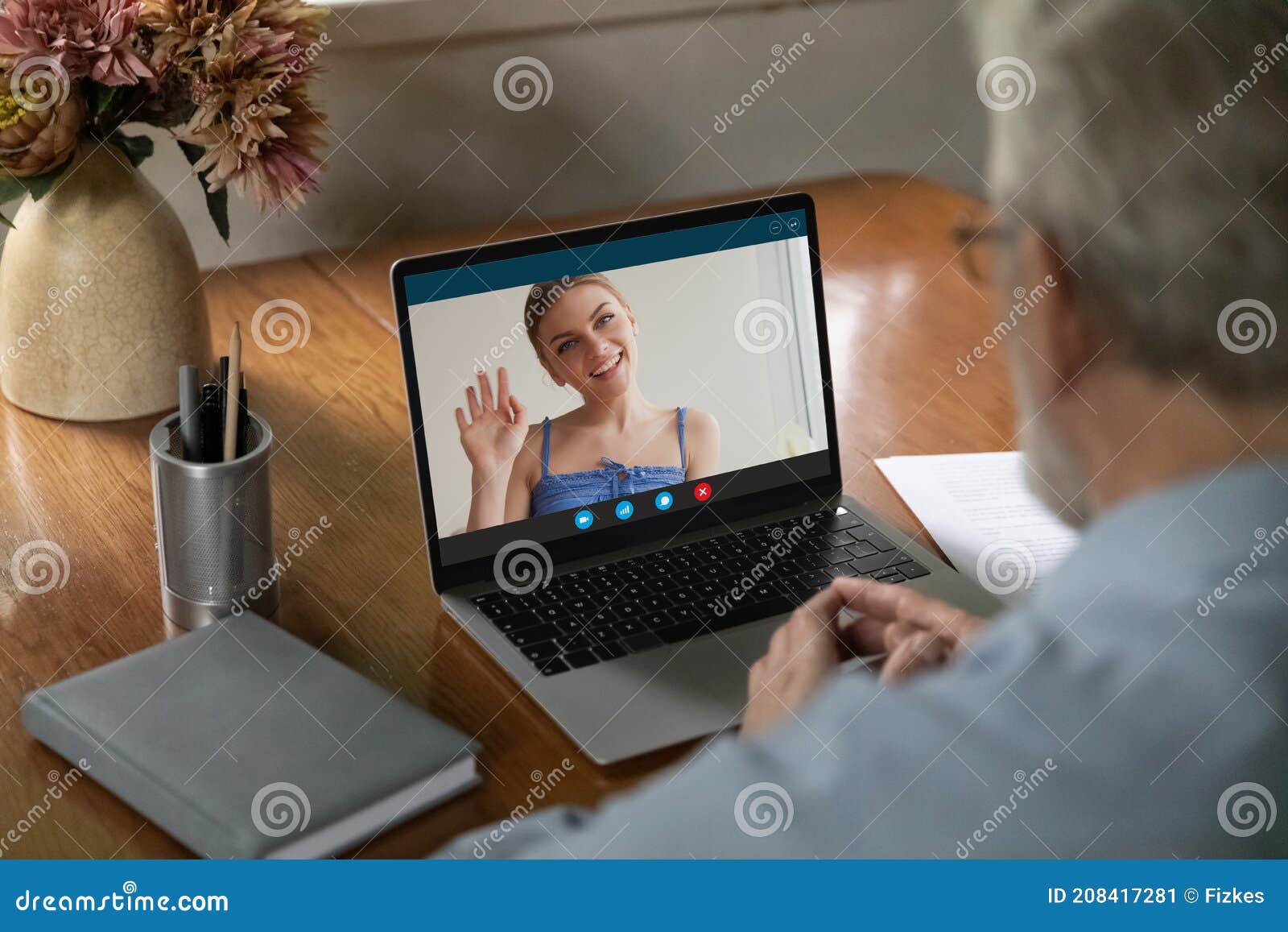 View from Shoulder Mature Man Making Video Call, Watching Webinar Stock ...
