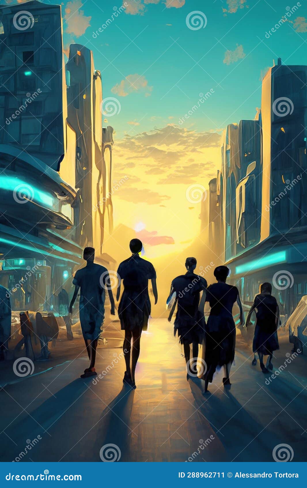 View of Silhouettes of People in a Futuristic City with Skyscrapers, at ... View of Silhouettes of People in a Futuristic City with Skyscrapers, at ...