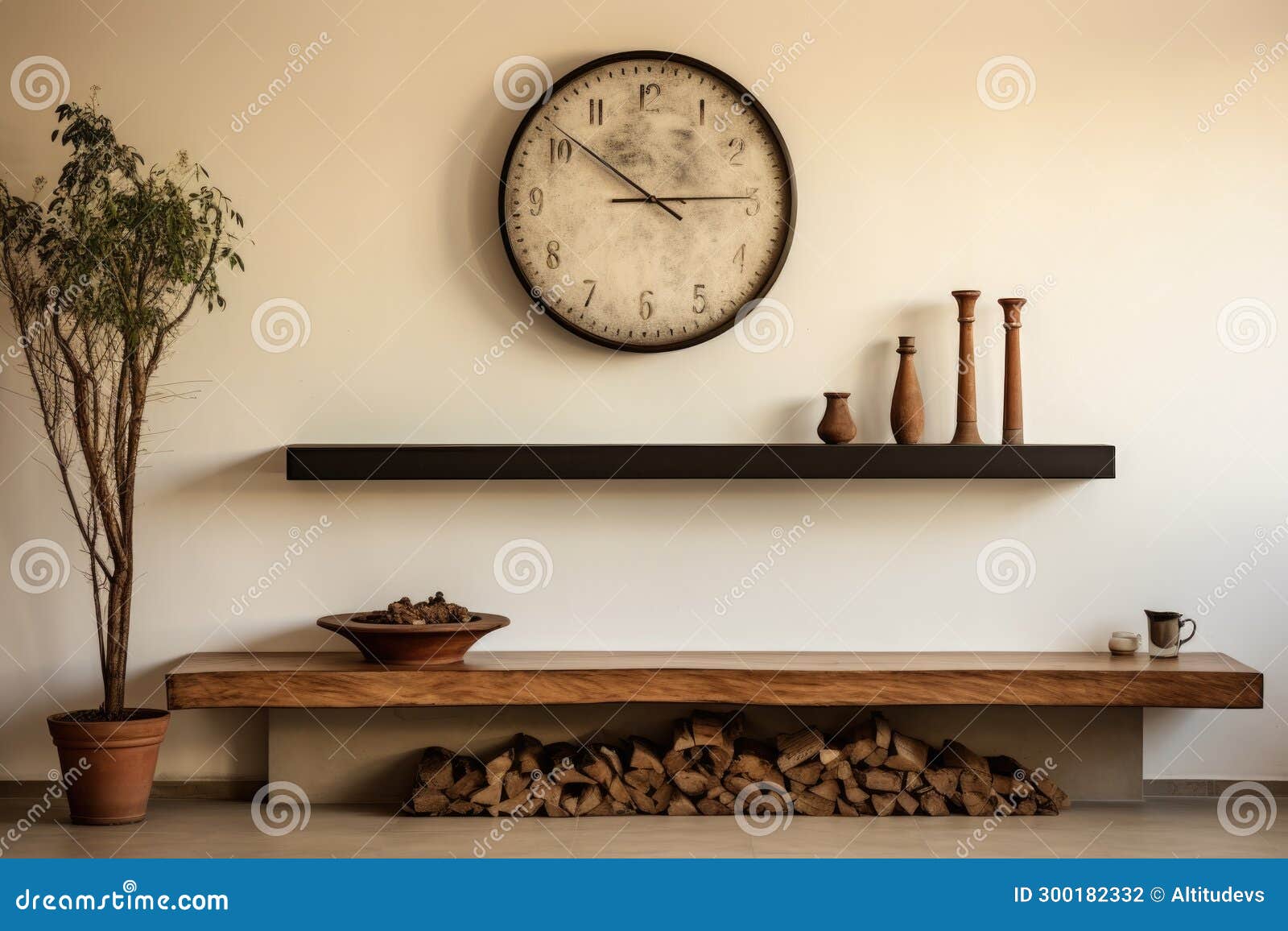 A View of a Simple Fireplace with a Single Log, a Modern Clock on the ...