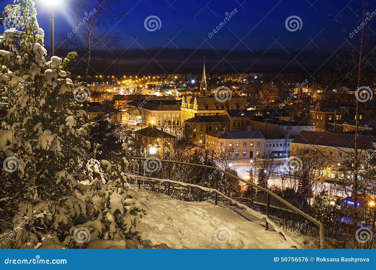 View of small swedish town stock photo. Image of night - 50756576