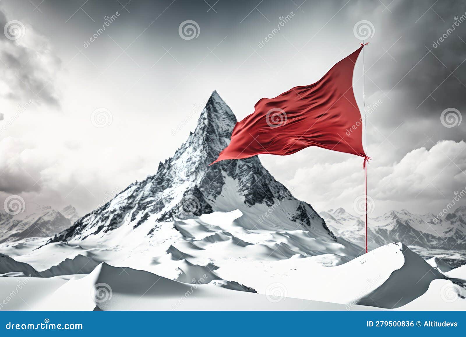 View of Snowy Mountain Peak with Red Flag Waving in the Wind Stock ...