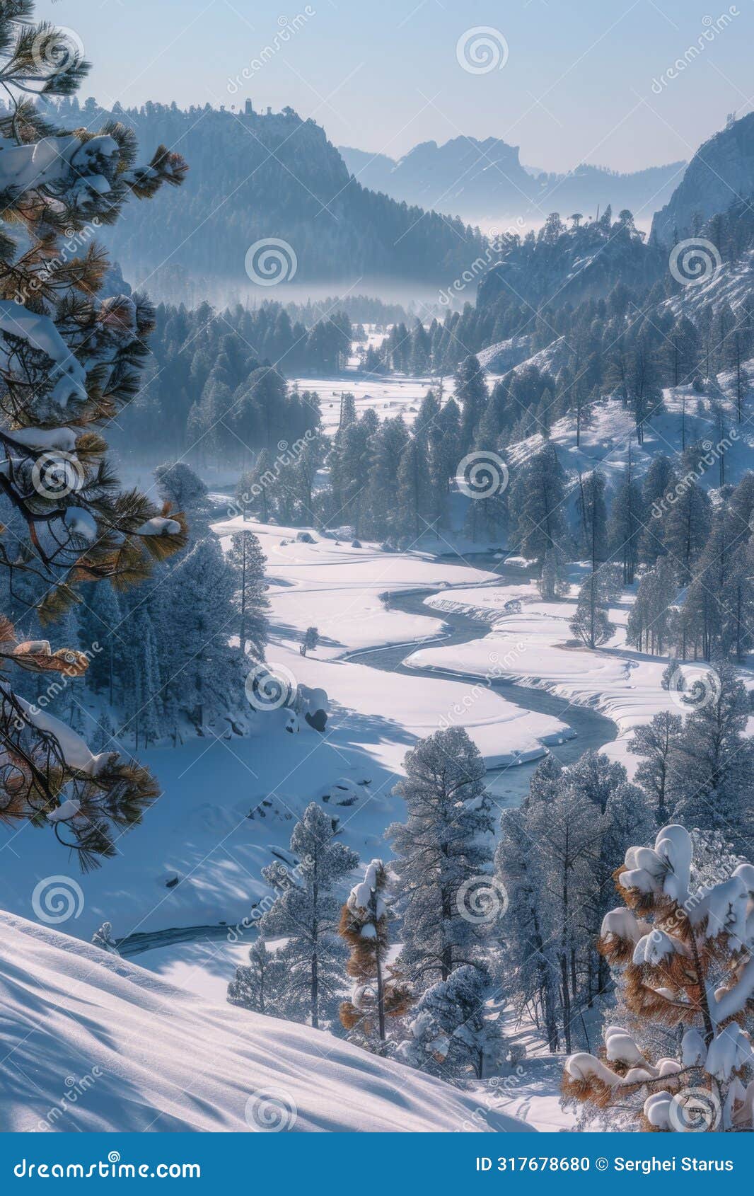 A View of a Snowy Mountain with Trees and Water, AI Stock Photo - Image ...