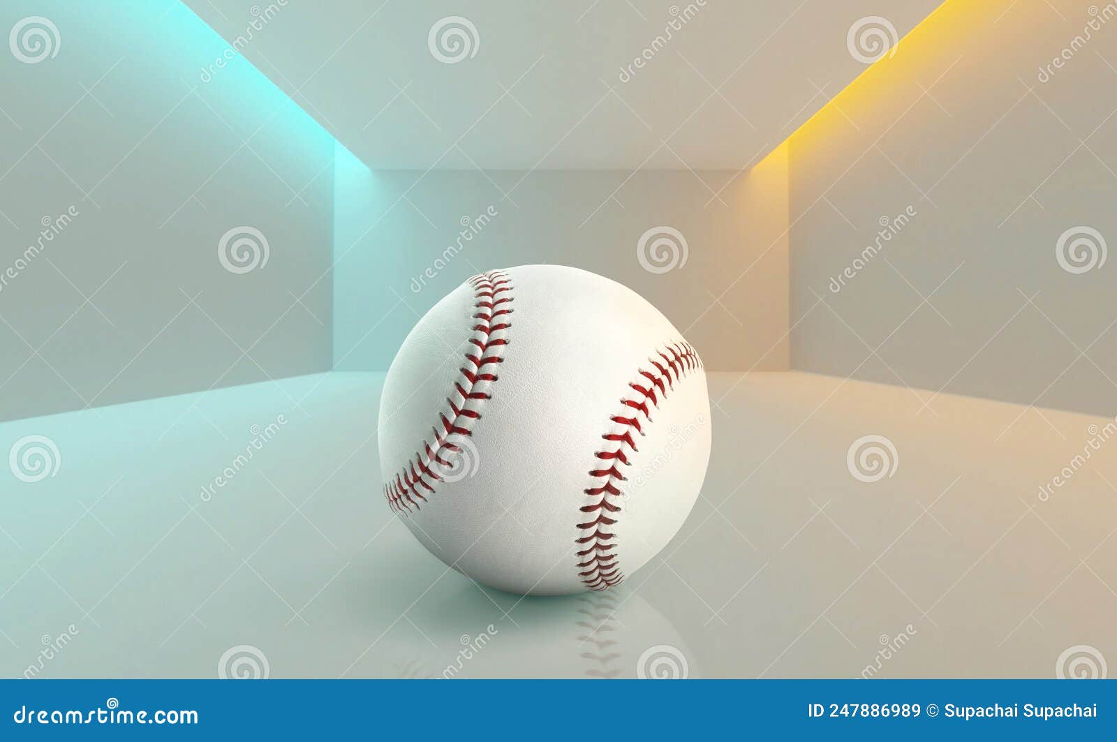 View of Softball with White Background Blue and Yellow Neon Lights are ...