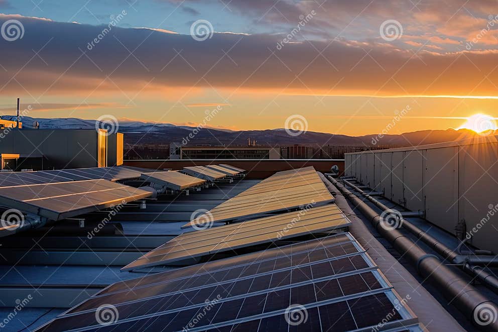 View of Solar Panels and Installations, with Setting Sun in the ...