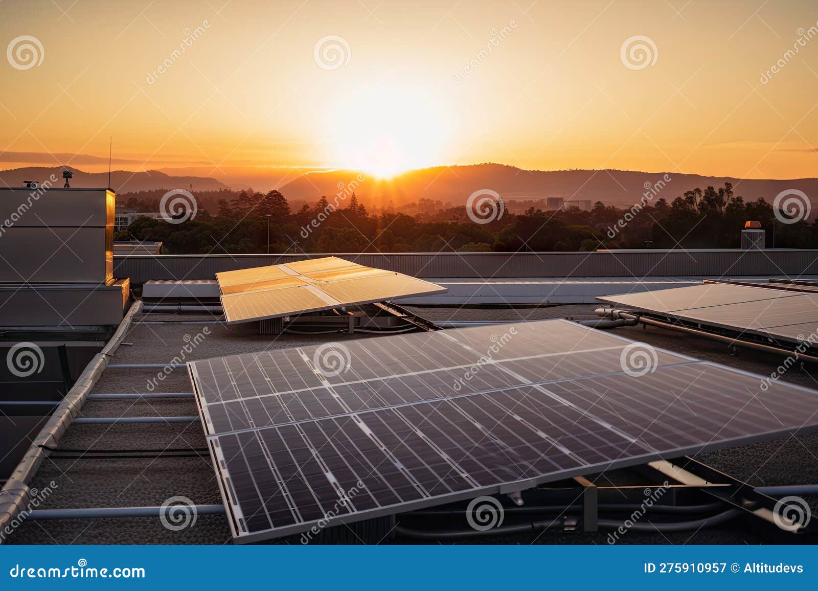 View of Solar Panels and Installations, with Setting Sun in the ...