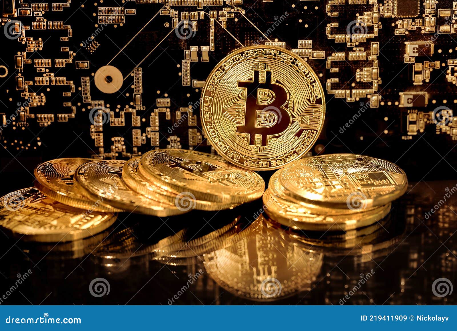 View of a Stack of Bitcoins on Background of Electronic Schemes Stock ...