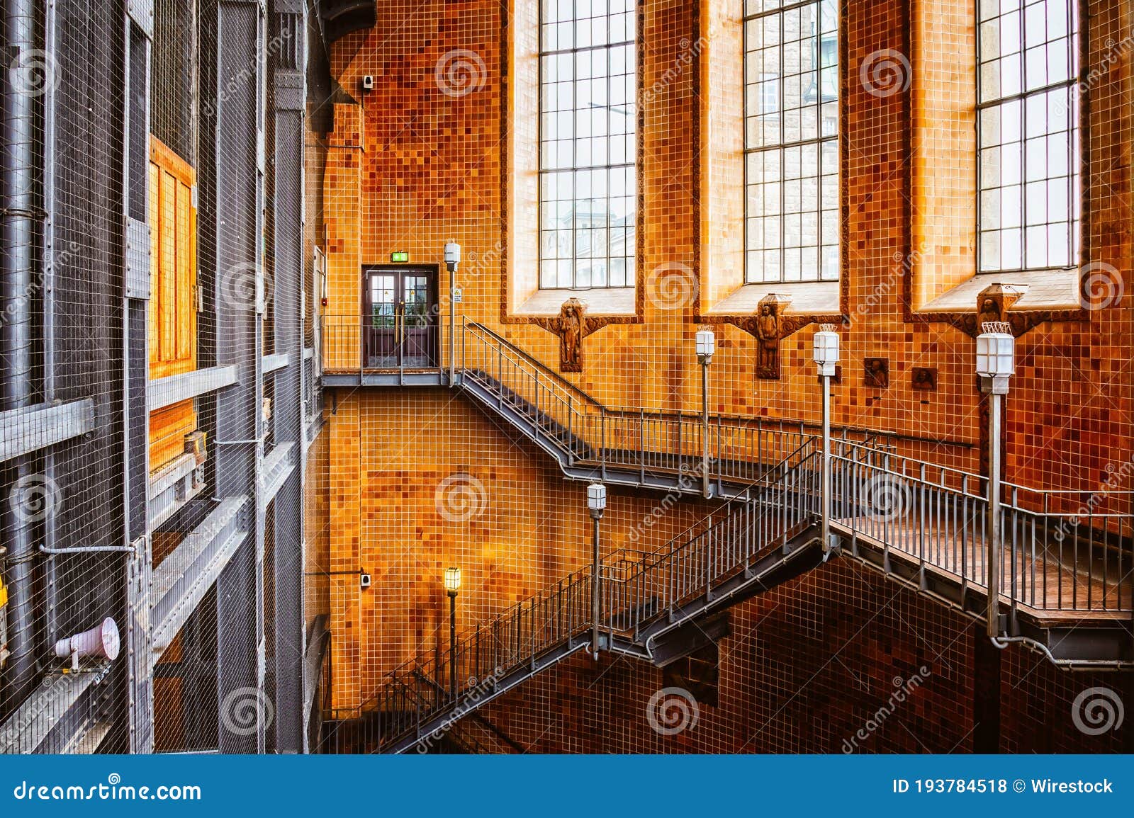 View of the Staircase with Metal Railings and Brick Walls Stock Photo ...